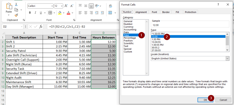How to Calculate Hours Between Two Times after Midnight in Excel - Excel Insider