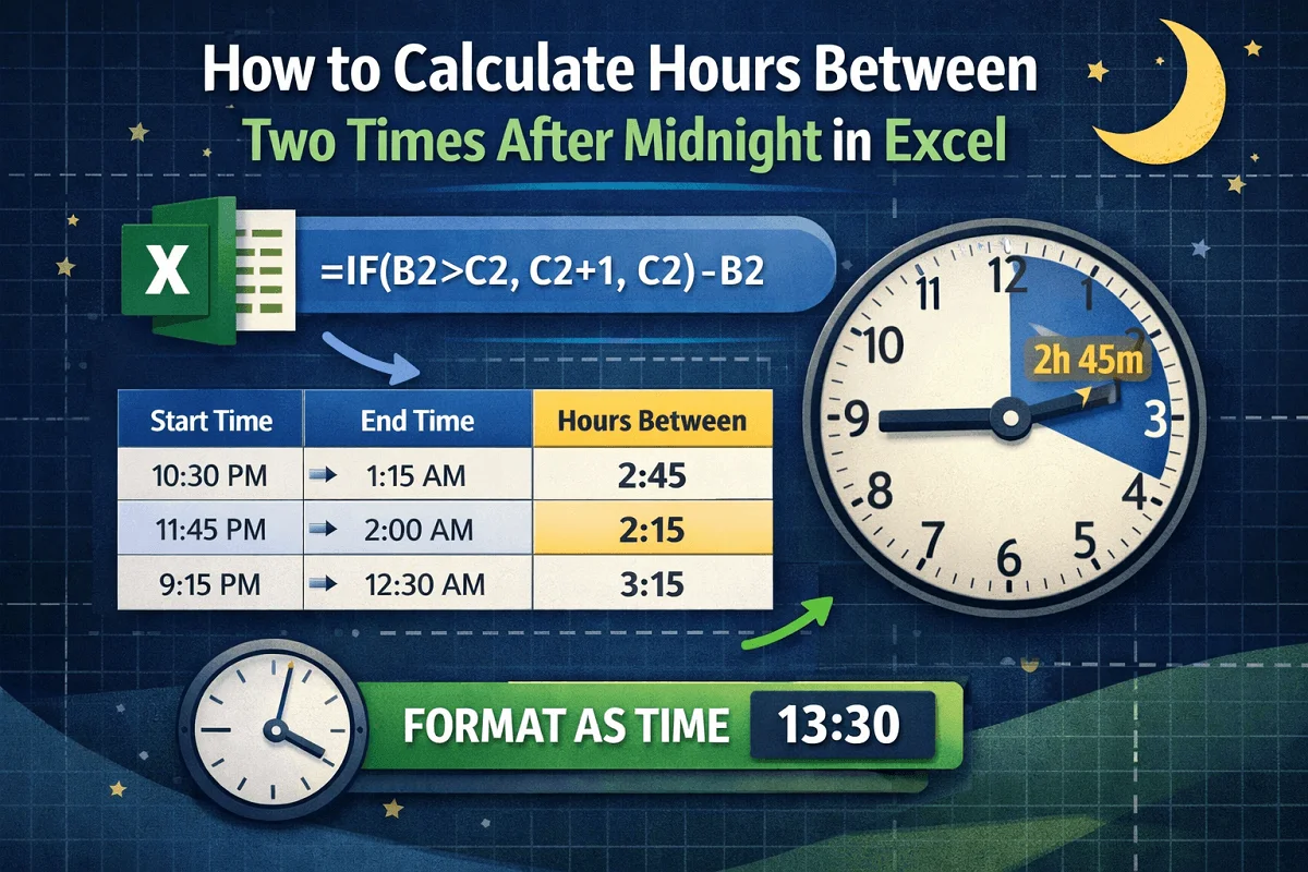 How to Calculate Hours Between Two Times after Midnight in Excel ...