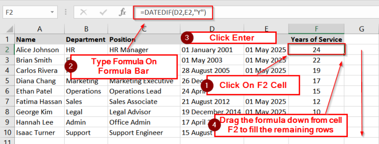 Calculate Years of Service In Excel (Including Days & Months) - Excel ...