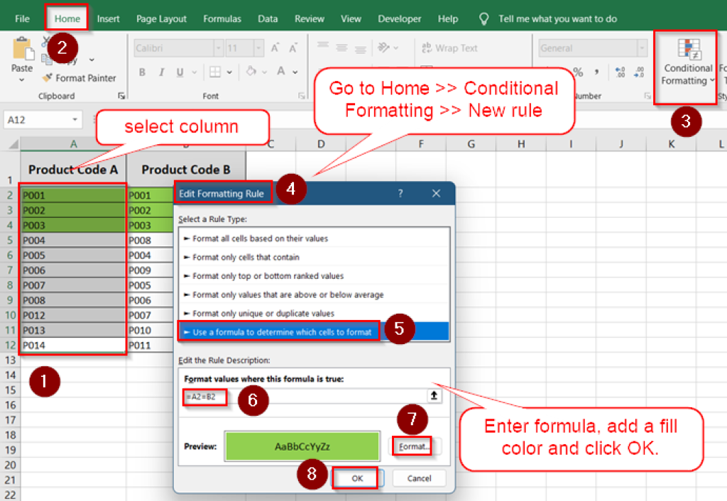 Excel Conditional Formatting to Compare Two Columns - Excel Insider Excel Conditional Formatting to Compare Two Columns - Excel Insider
