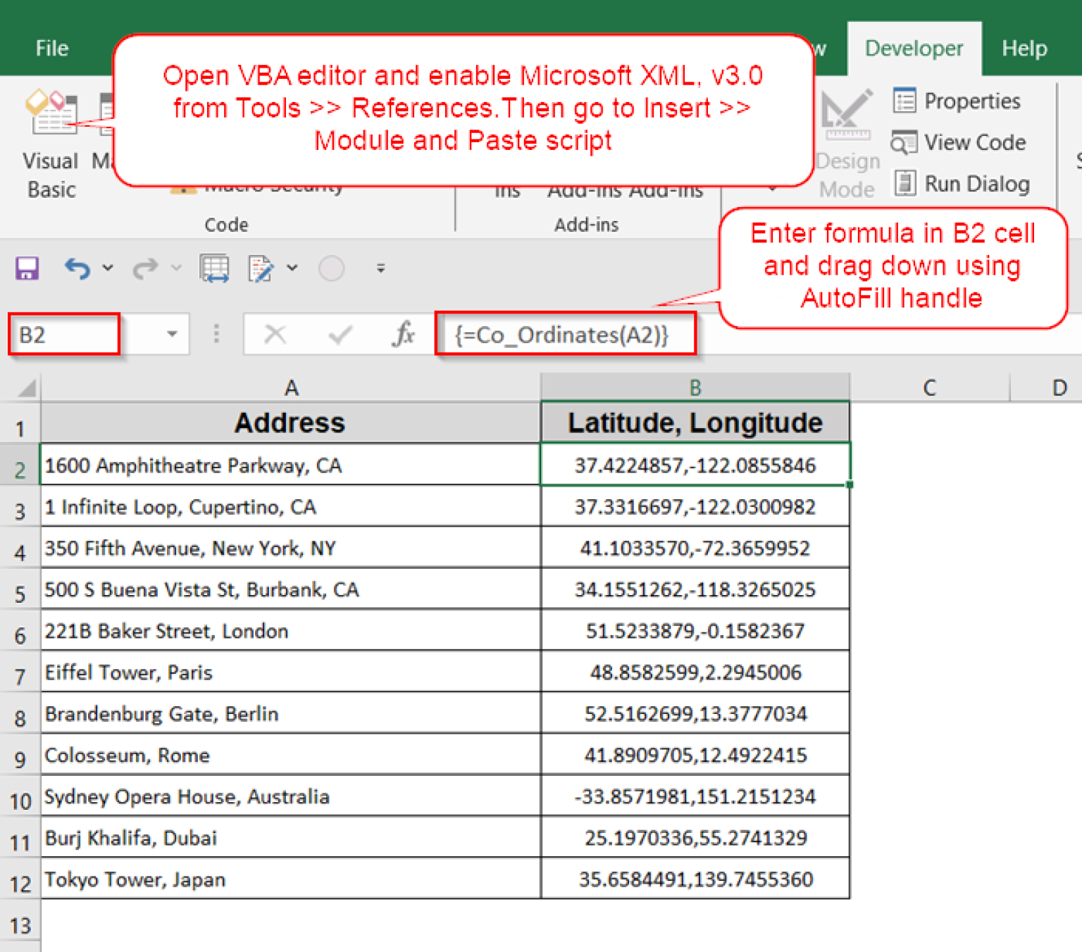 How to Convert Address to Lat Long in Excel (2 Quick Ways) - Excel Insider