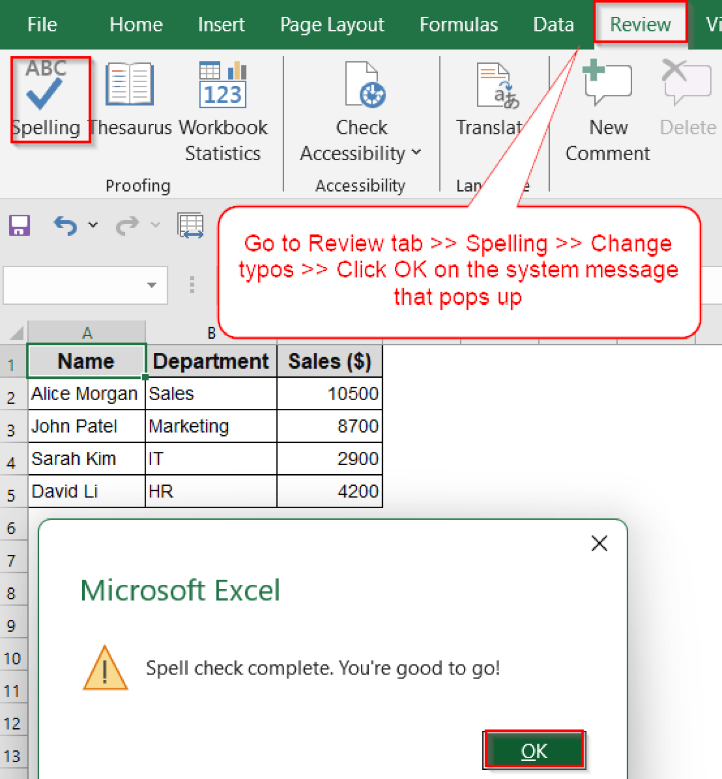 How to Perform a Spelling Check on the Active Worksheet in Excel - Excel Insider