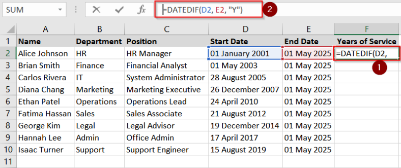 Calculate Years of Service In Excel (Including Days & Months) - Excel ...