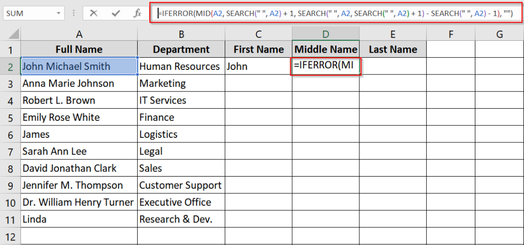 How to Separate First, Middle & Last Names Using Excel Formula - Excel Insider