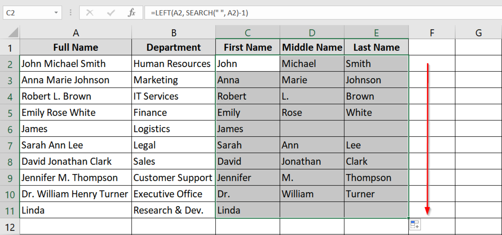 How To Separate First Middle And Last Names Using Excel Formula Excel