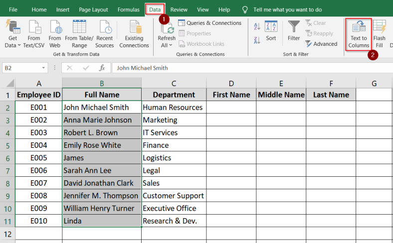 How To Separate First Middle And Last Names Using Excel Formula Excel
