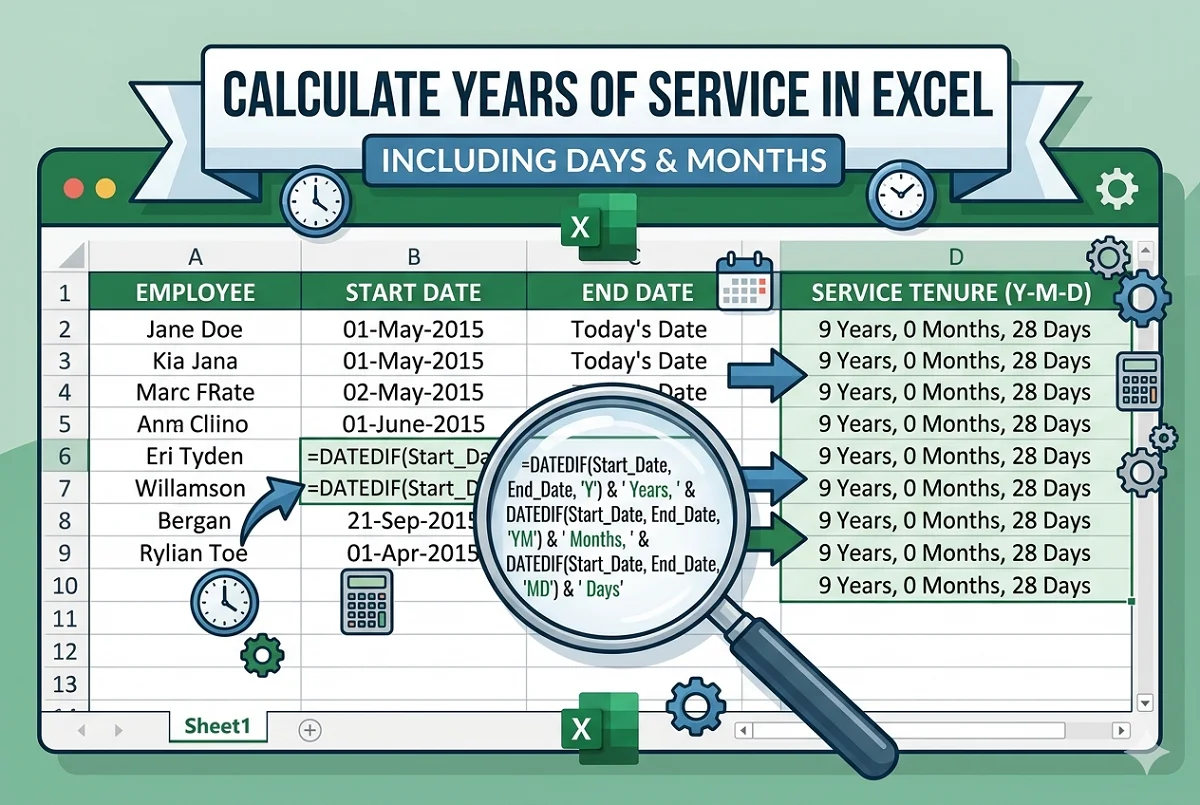 Calculate Years of Service In Excel (Including Days & Months) - Excel ...