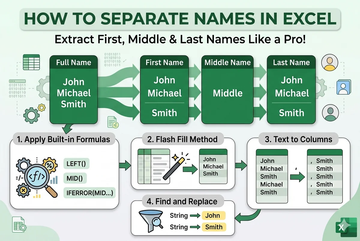 How to Separate First, Middle & Last Names Using Excel Formula - Excel ...