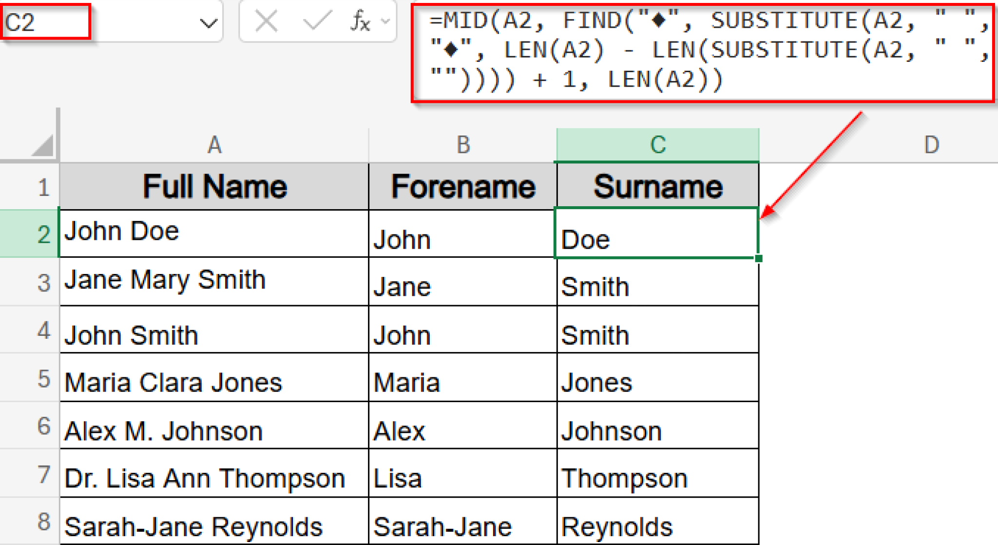 Separate First and Last Names with Space in Excel Formula - Excel Insider