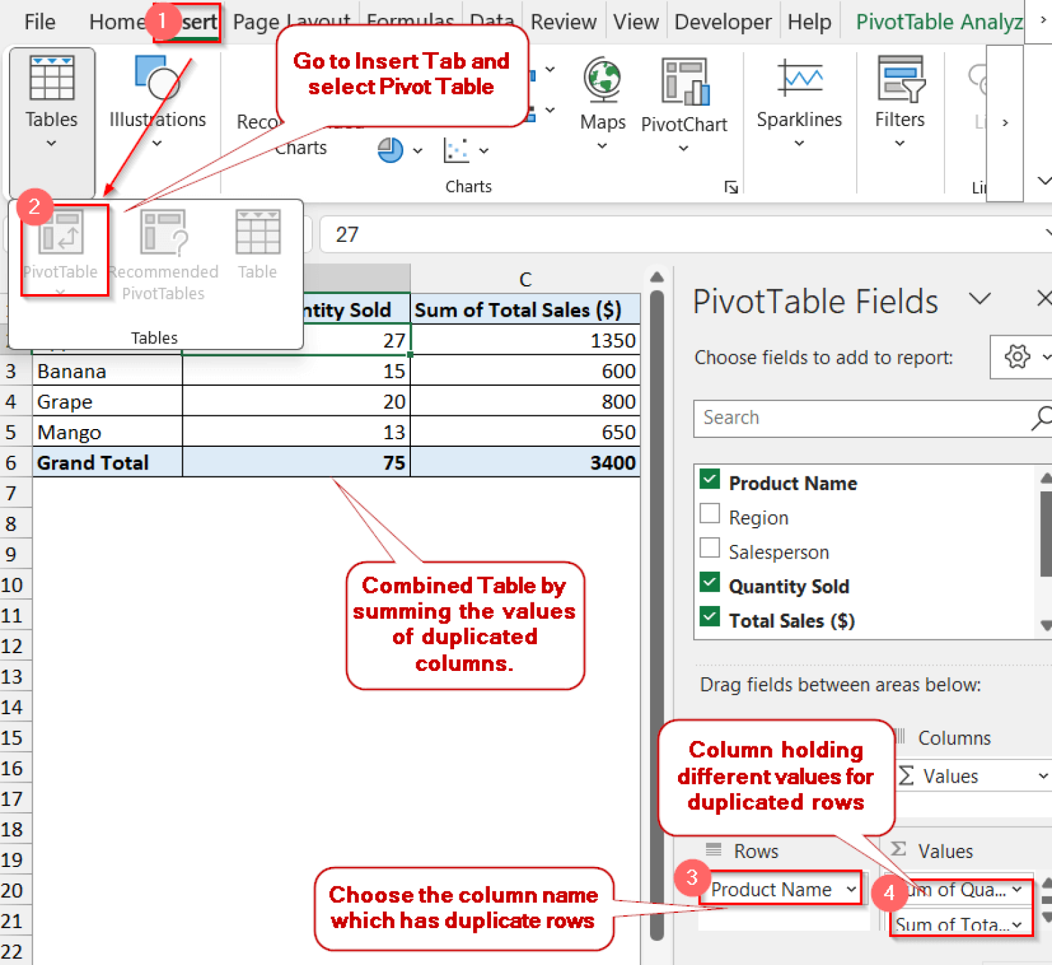 How to Combine Duplicate Rows and Sum the Values in Excel - Excel Insider