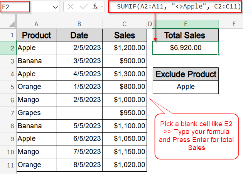 How to Use SUMIF with Not Equal to Condition in Excel - Excel Insider