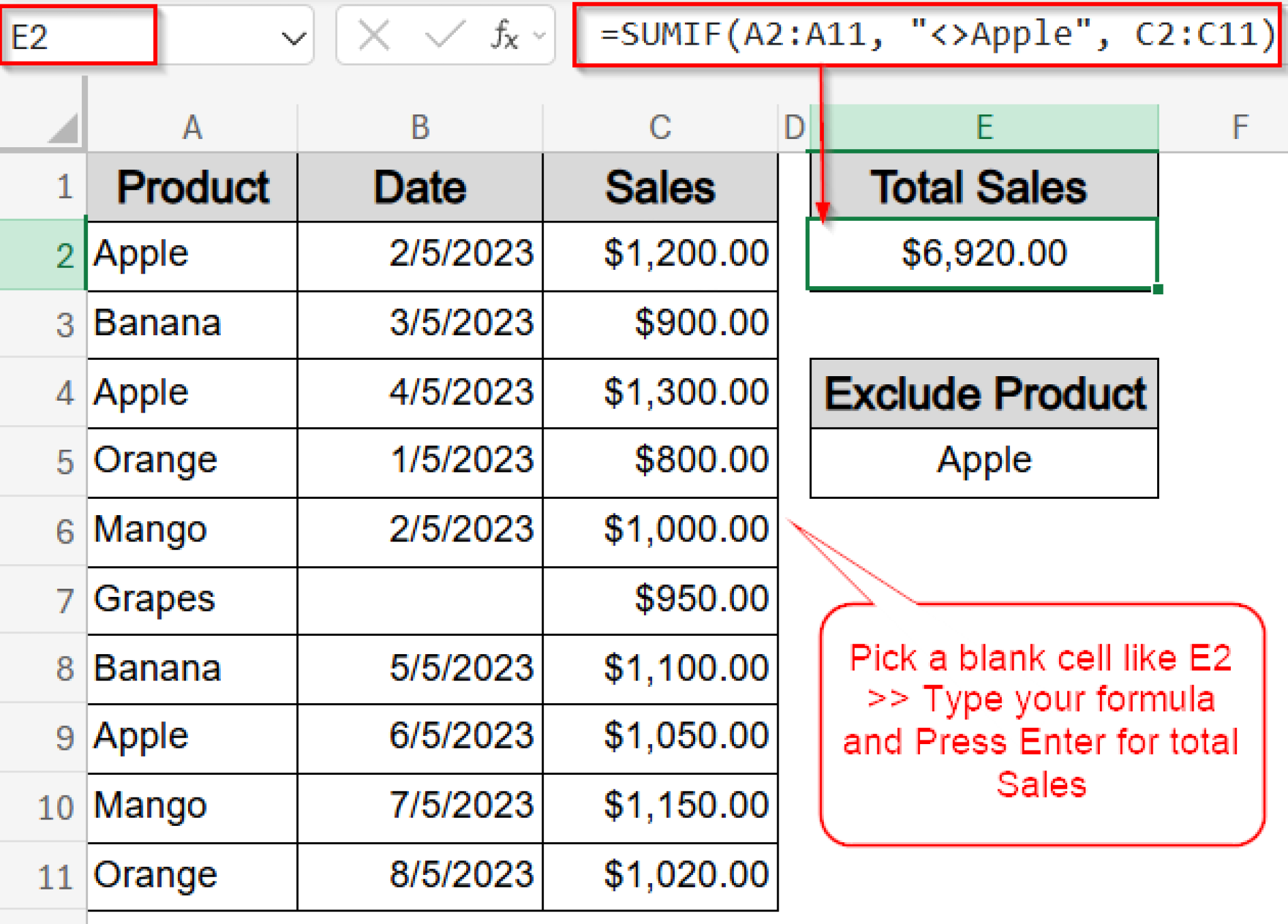How to Use SUMIF with Not Equal to Condition in Excel - Excel Insider