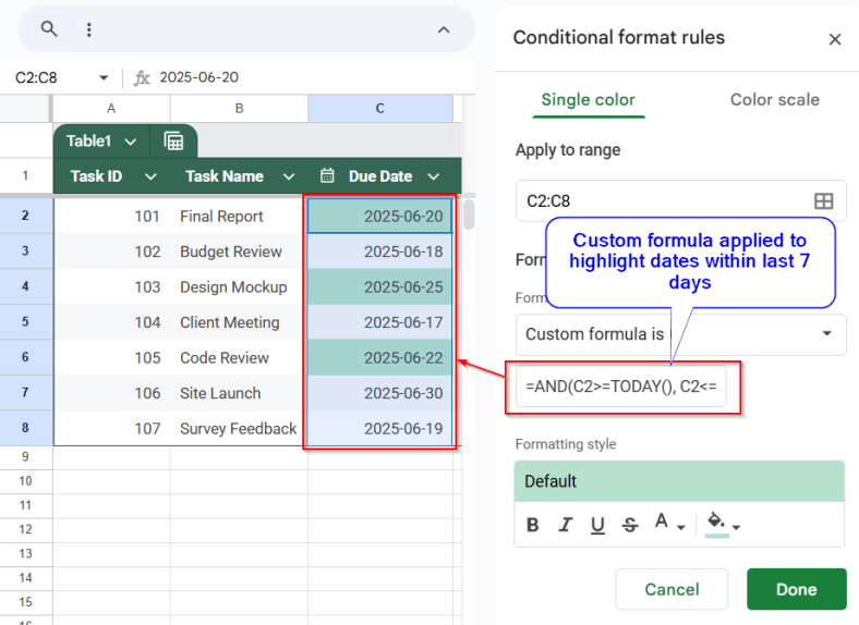 Conditional Formatting for Dates within 7 Days in Google Sheets - Excel ...