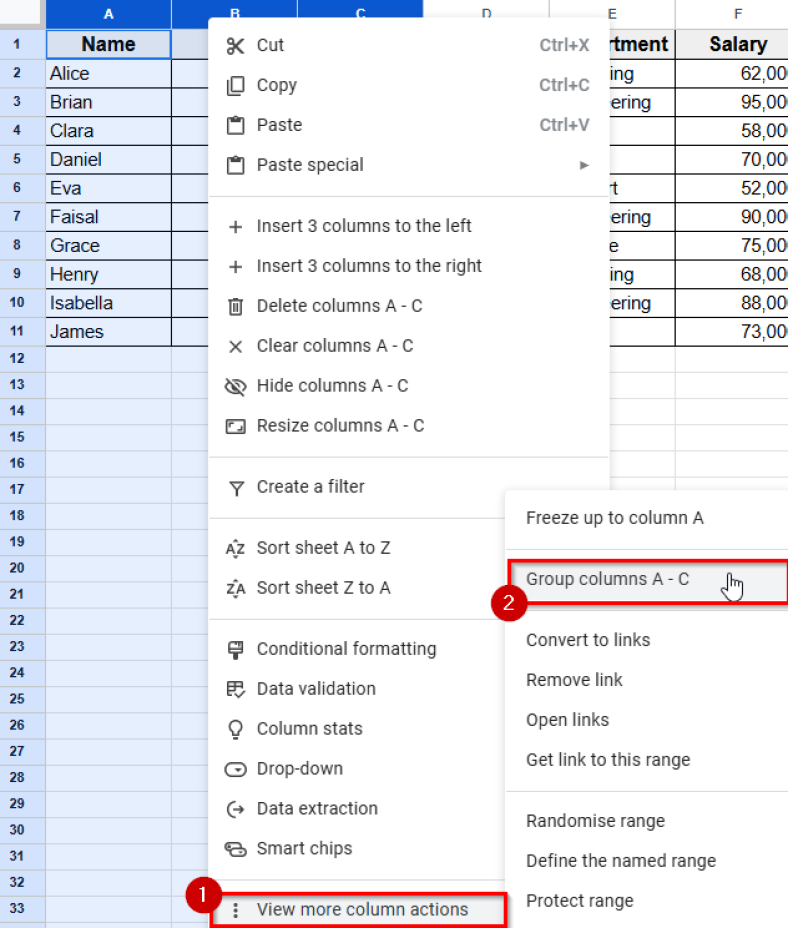 How to Group Columns in Google Sheets (Simple & Nested) - Excel Insider