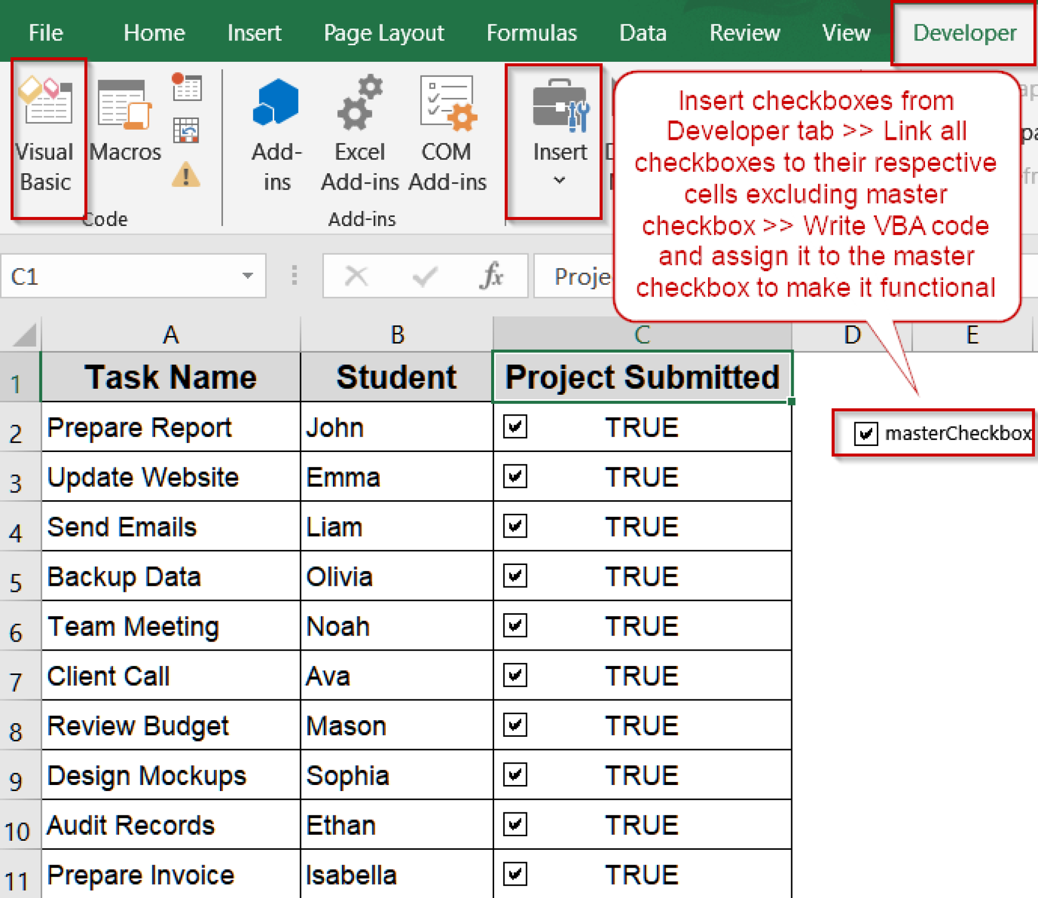 Check-Uncheck All Checkboxes with a Single Checkbox in Excel - Excel Insider