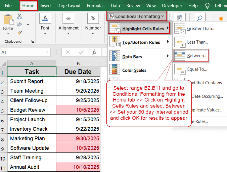 Excel Conditional Formatting to Highlight Dates Within 30 Days - Excel ...