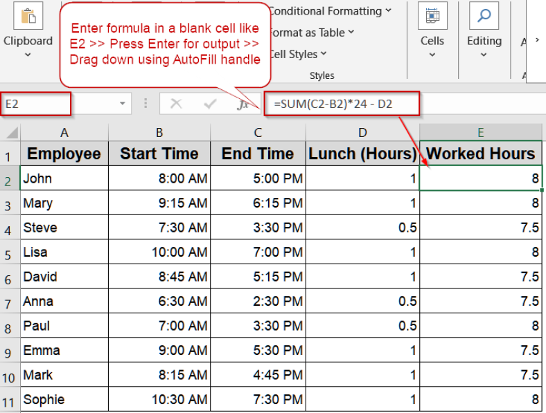 Excel Formula to Calculate Hours Worked Minus Lunch - Excel Insider