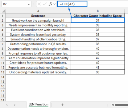How to Count Characters Including Spaces in Excel - Excel Insider